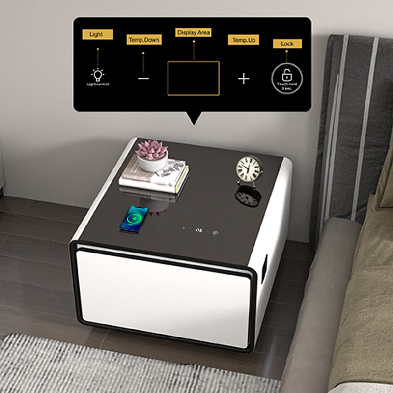 Smart End Table with Fridge and Built In Outlets White Black